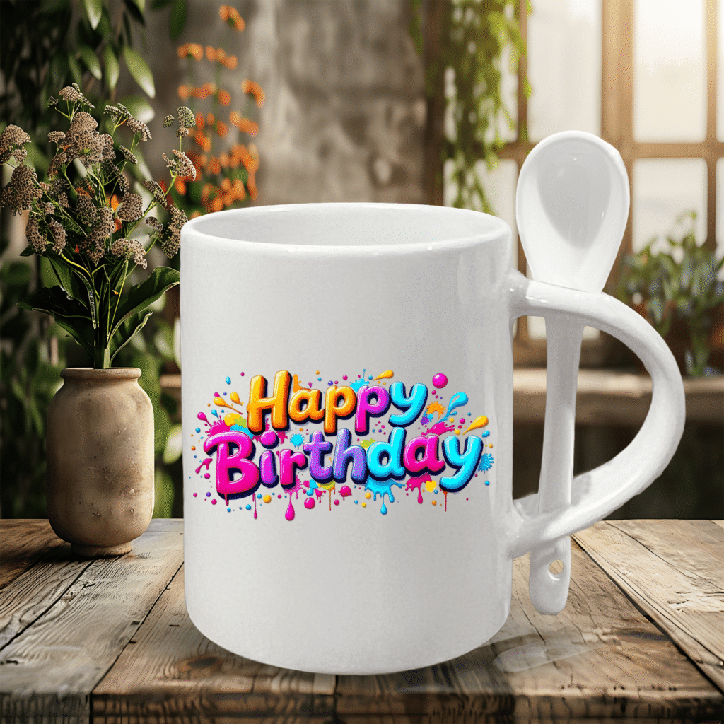 Happy Birthday Coffee Mug with Spoon – 11oz Ceramic Cup with Colorful ...