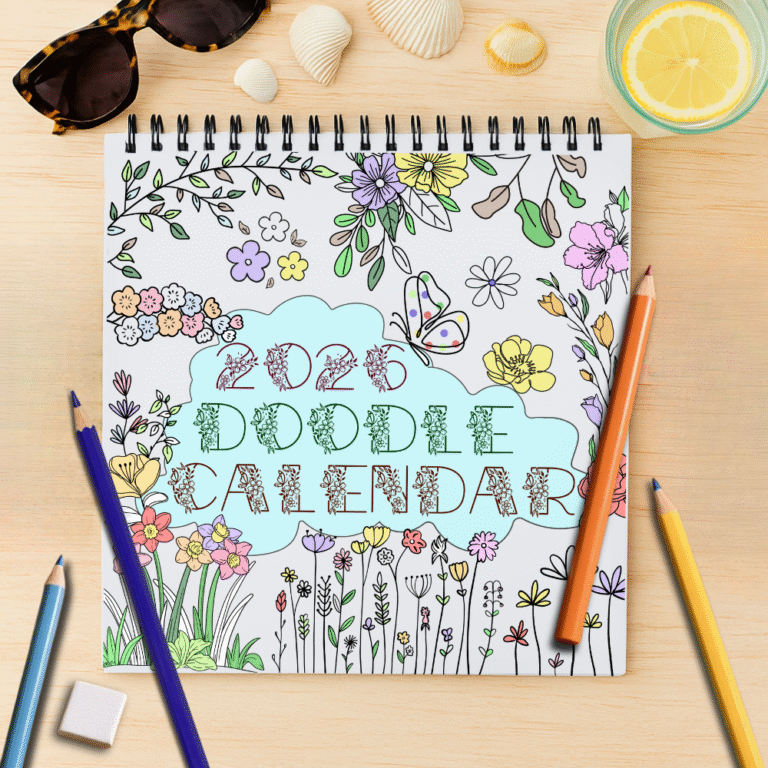 2026 doodle coloring calendar with hand-drawn seasonal art